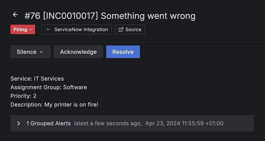 Use Grafana OnCall's bi-directional ServiceNow alert flows
