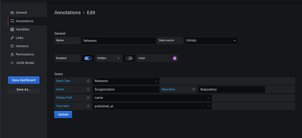 Create annotations with GitHub data source plugin for Grafana | Grafana Plugins documentation