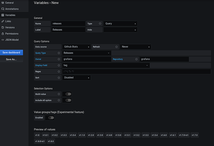 Create variable with GitHub data source plugin for Grafana | Grafana Plugins documentation